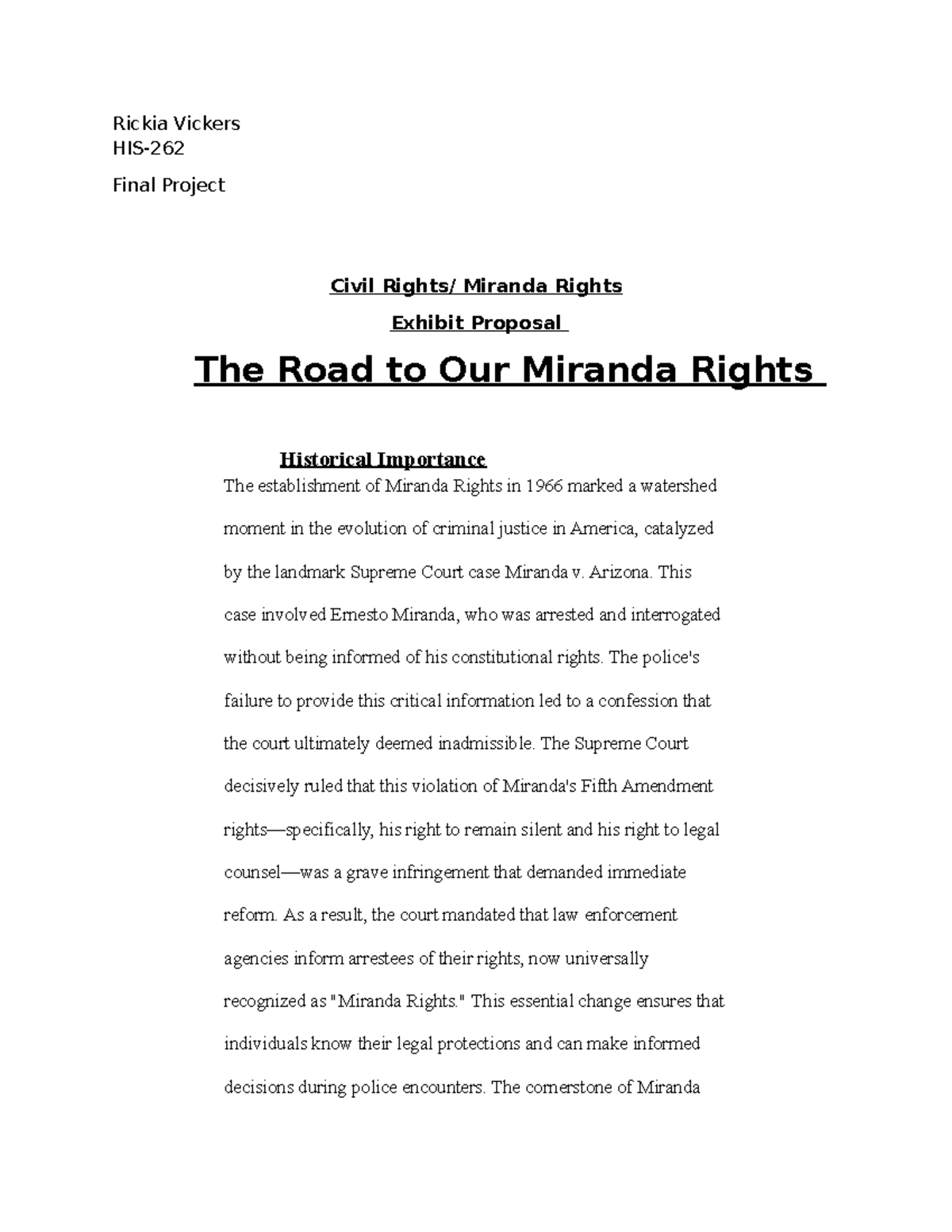 HIS- Final Project: Exhibit Proposal on Miranda Rights and ACLU ...