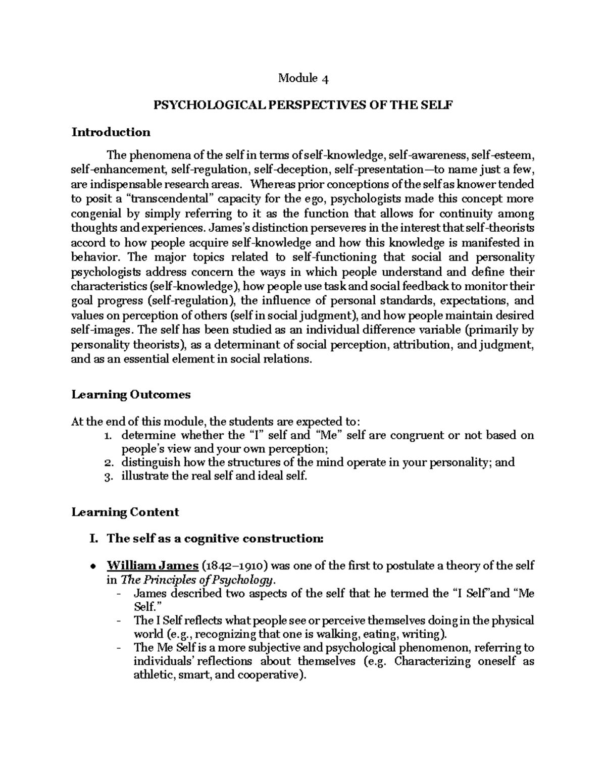 Module 4 - Exploring Psychological Perspectives on the Self - Studocu