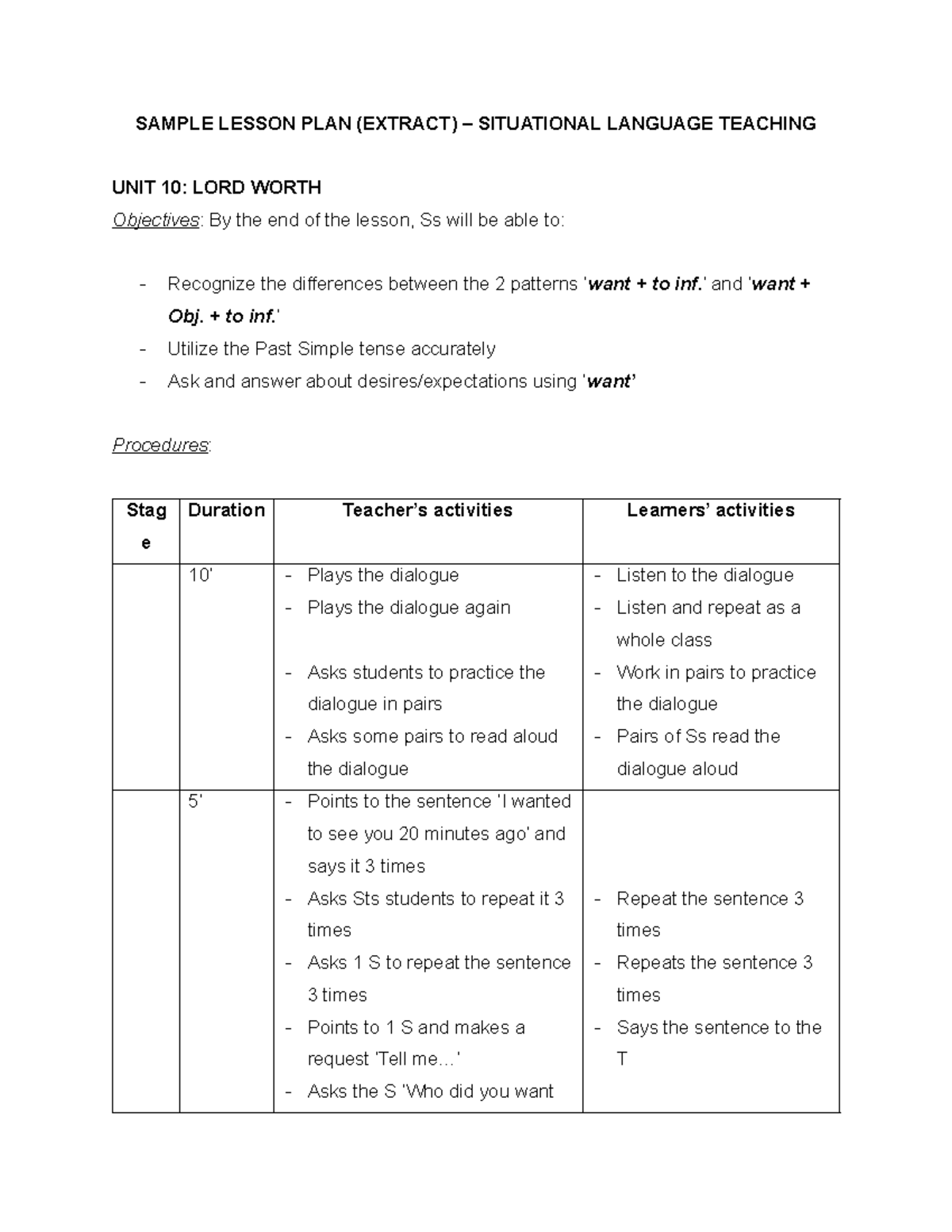 Sample lesson plan (extract) situational language teaching unit 10 ...