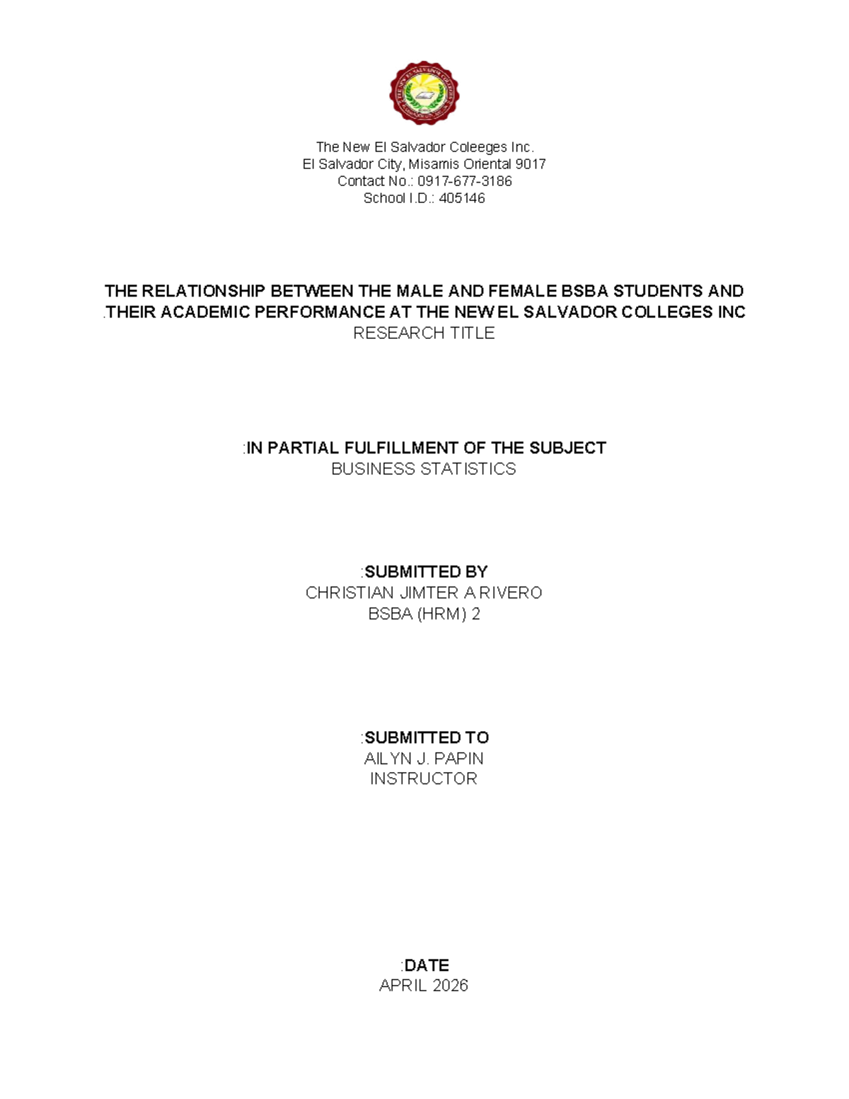 BSBA 2 Final Research: Gender and Academic Performance at New El ...