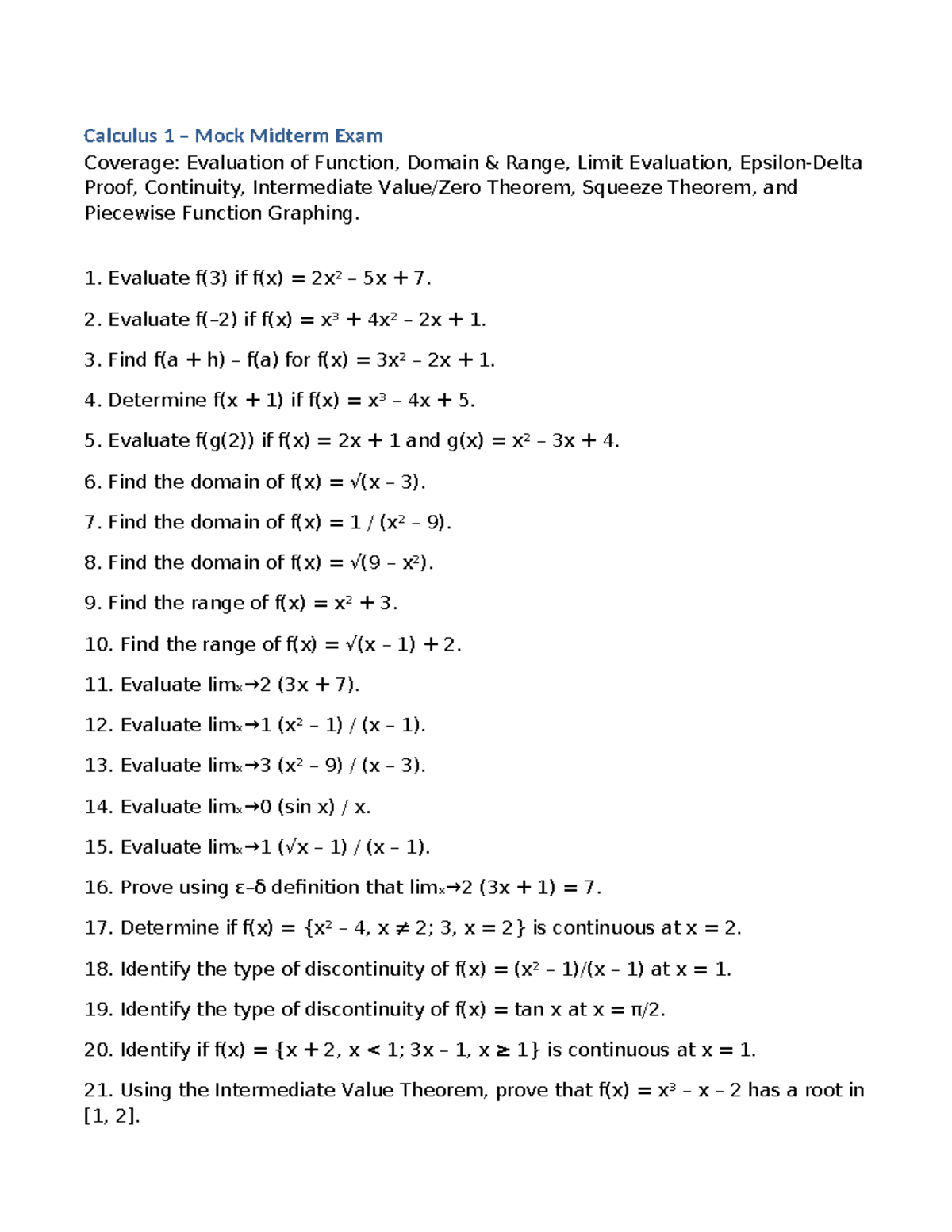 Calculus 1 - ME 1 Mock Midterm Exam: Function Evaluation & Limits - Studocu