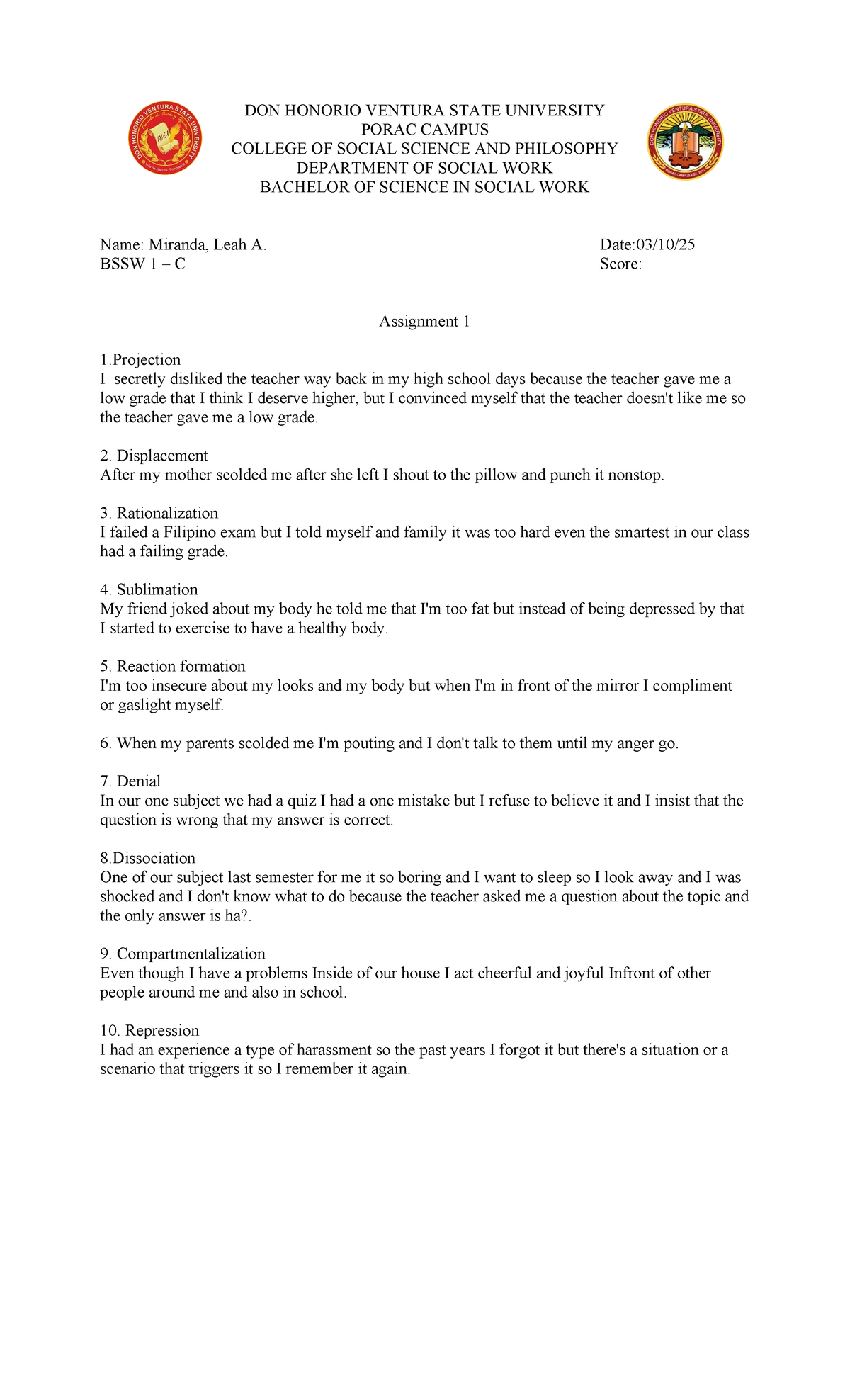 SW A3 assignment 1 - psychological defense mechanisms explained - Studocu