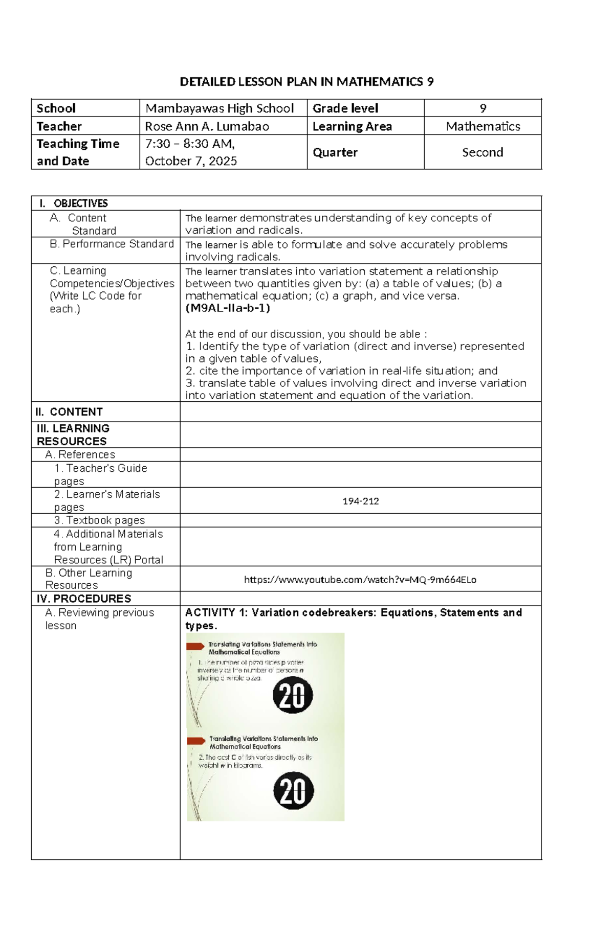 COT DLP Lesson 4: Detailed Mathematics Lesson Plan for Grade 9 - Studocu