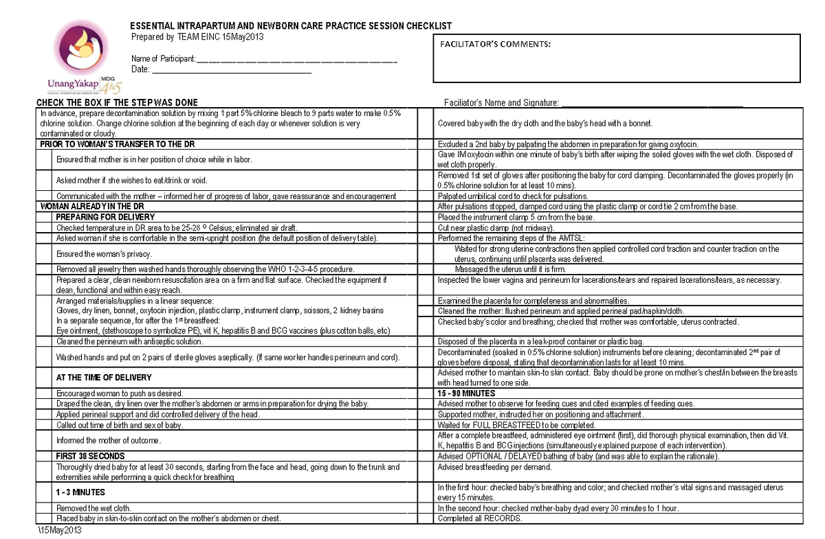 Performance- Checklist-EINC - ESSENTIAL INTRAPARTUM AND NEWBORN CARE PRACTICE SESSION CHECKLIST ...