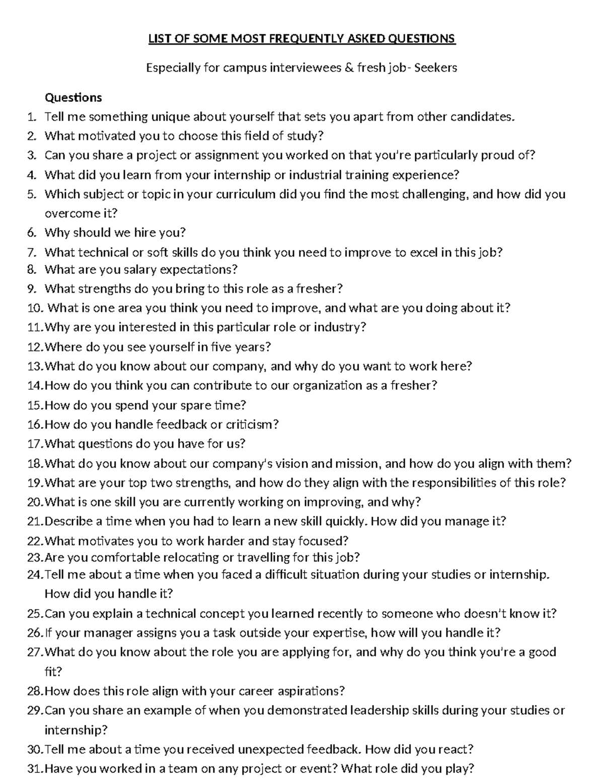 AA Interview Questions for Fresh Graduates: Key Insights and Tips - Studocu