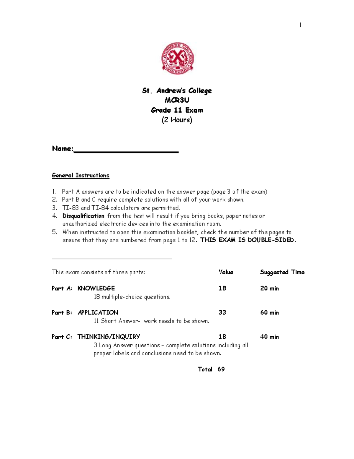 MCR3U Grade 11 Final Exam Review 2008 - Key Instructions & Questions ...