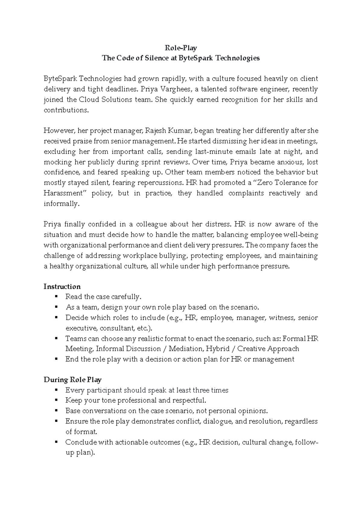 Case Study: Addressing Workplace Bullying at teSpark Technologies - Studocu