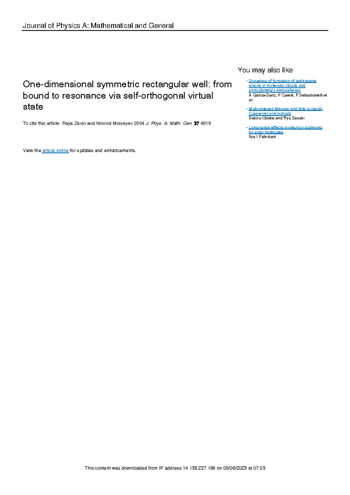 One-Dimensional Symmetric Rectangular Well: Bound to Resonance ...