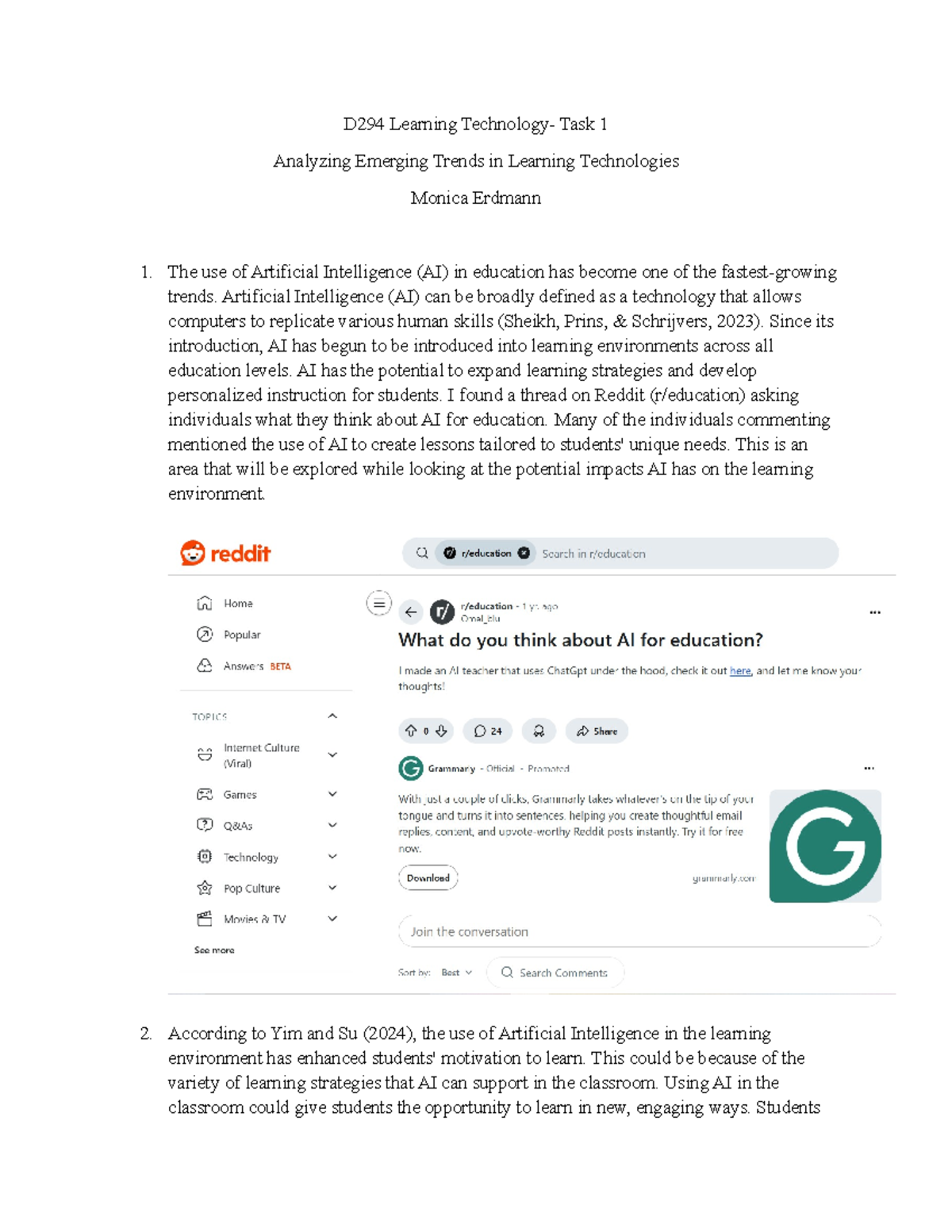 D294 Learning Task 1: Analyzing AI's Impact on Education Trends - Studocu