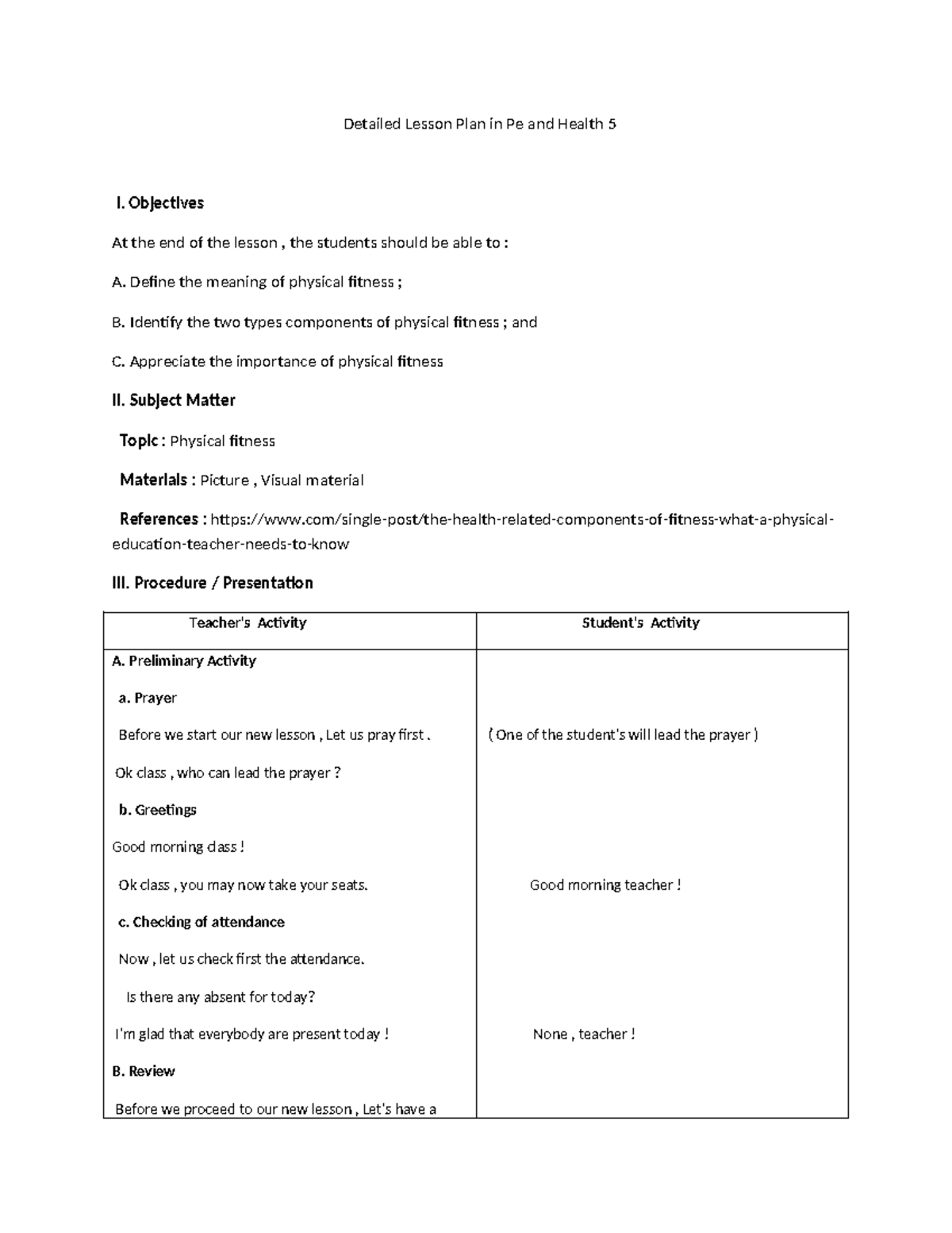 Detailed Lesson Plan in PE and Health 5: Understanding Physical Fitness ...