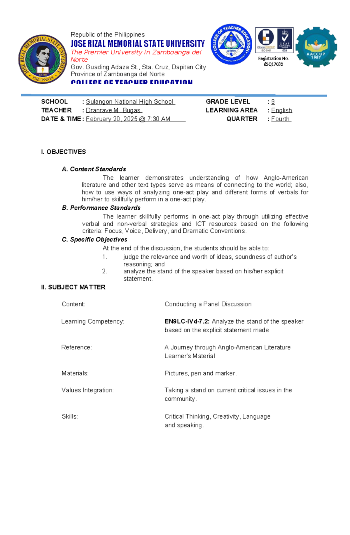 Internship Lesson Plan: Conducting a Panel Discussion in English (Grade ...