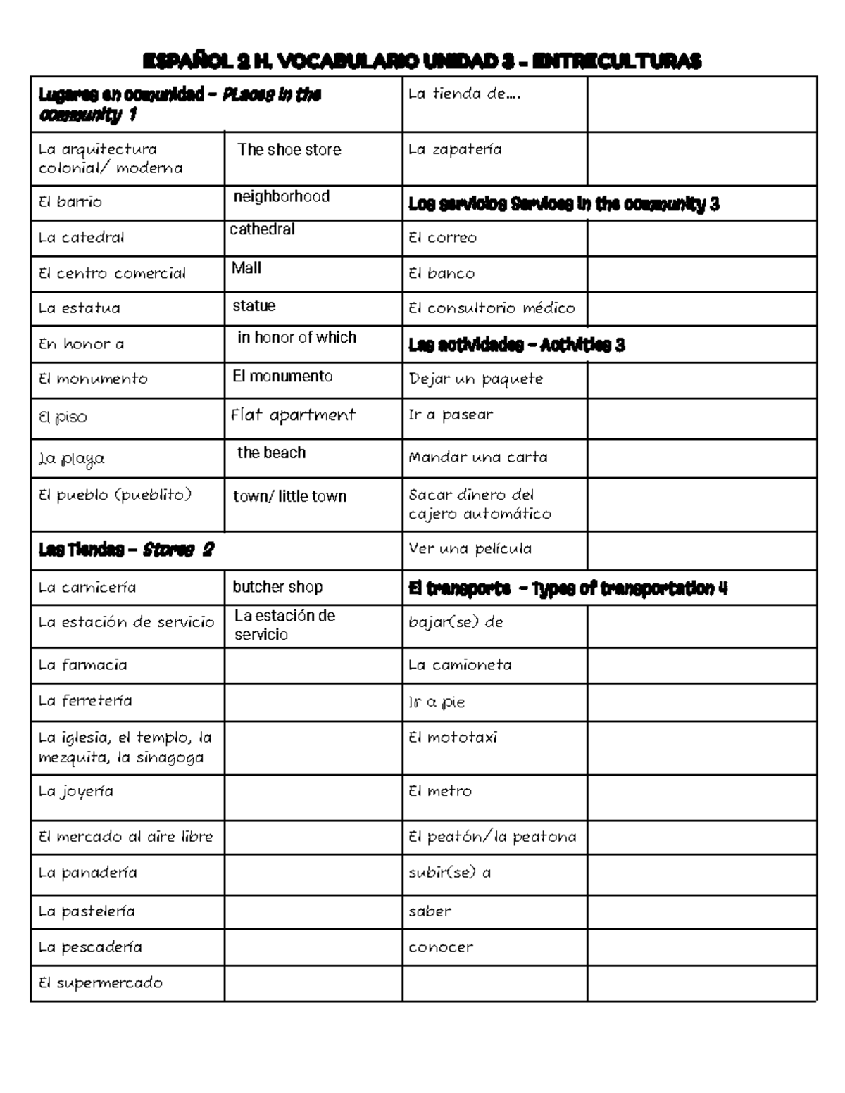 Copy of Vocabulario Unidad 3 Entreculturas Hassell - ESPAÑOL 2 H ...