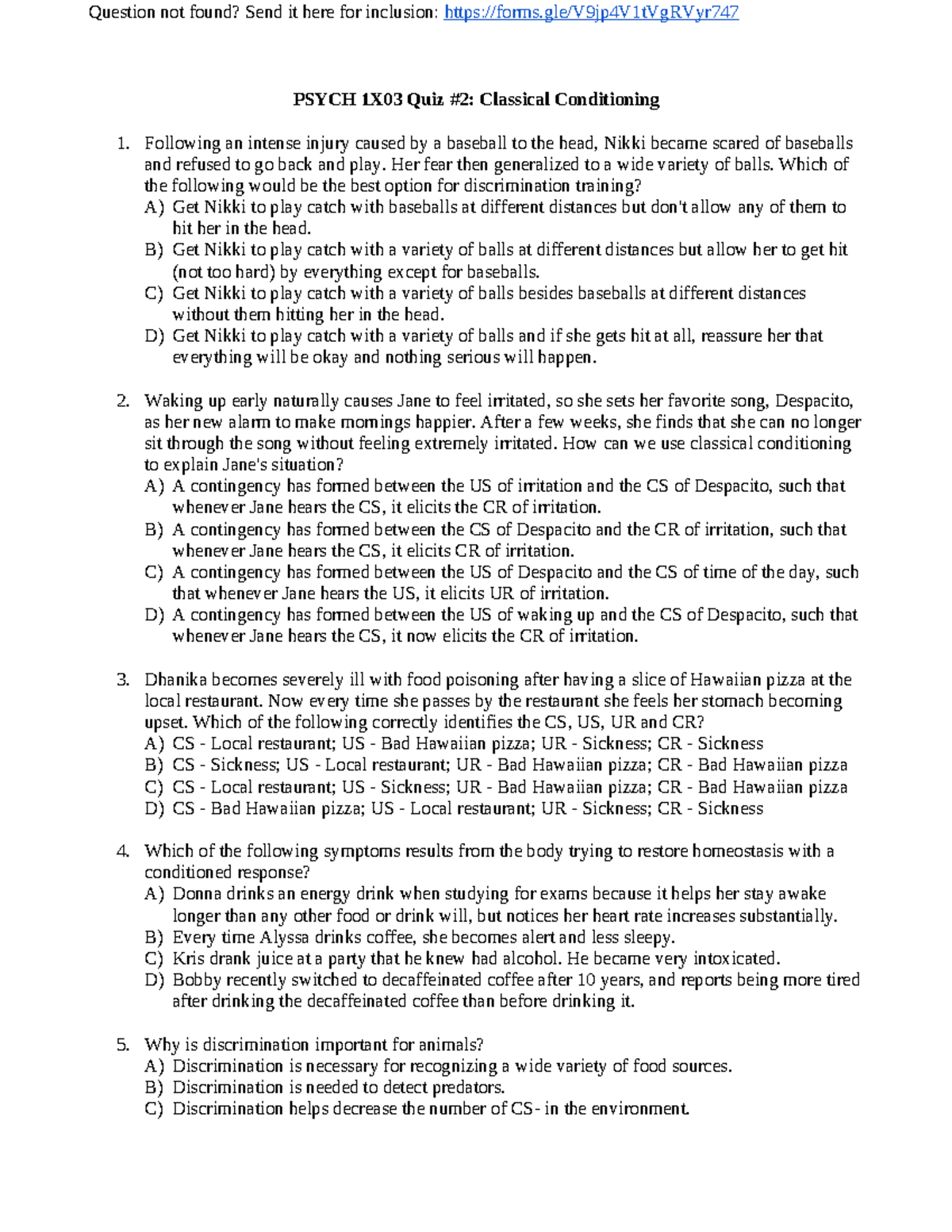 PSYCH 1X03 Quiz B: Classical Conditioning Concepts and Applications ...