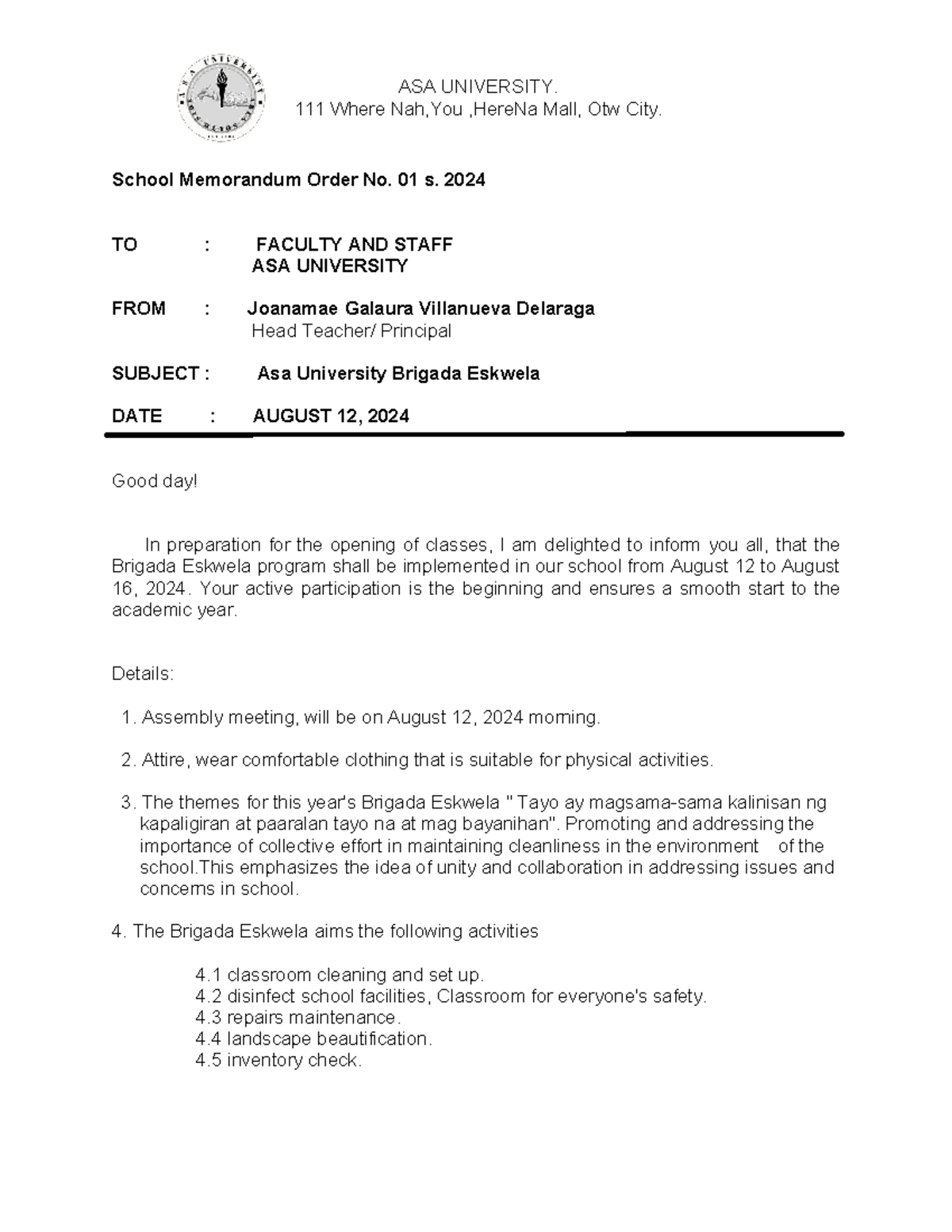 Letter - A Memorandum - School Memorandum Order No. 01 s. 2024 TO ...