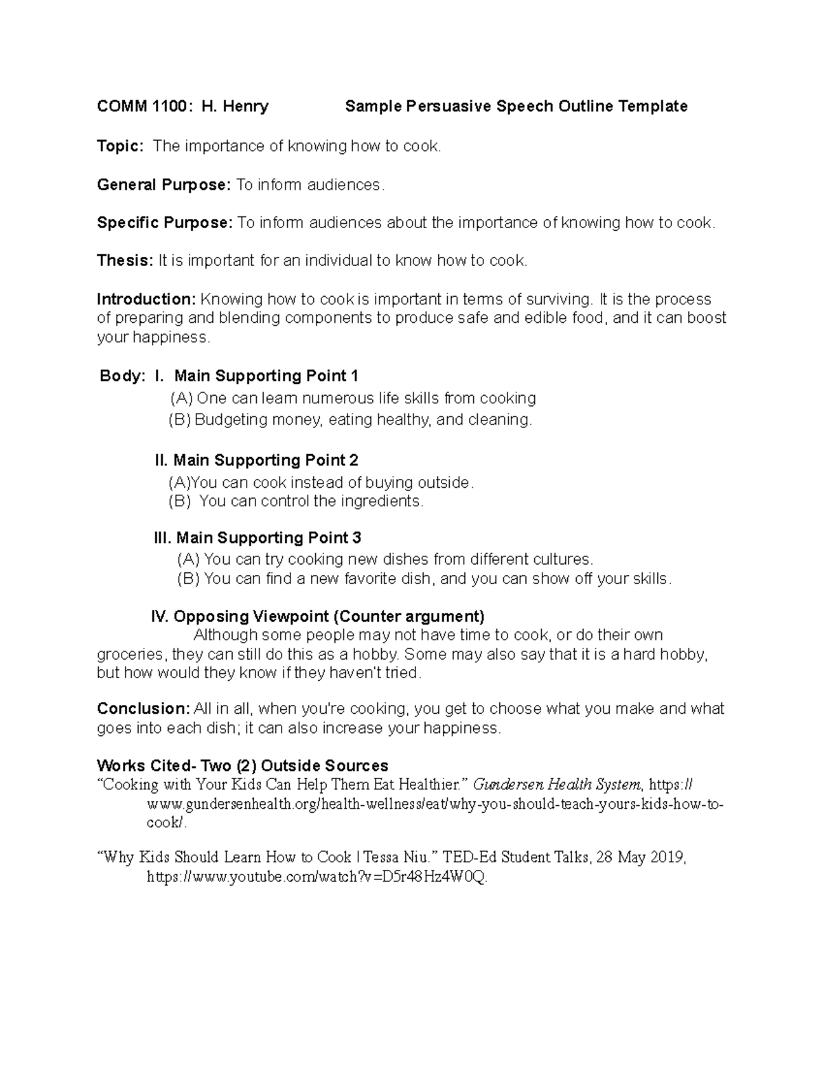 COMM 1100: Sample Persuasive Speech Outline on Cooking Skills - Studocu