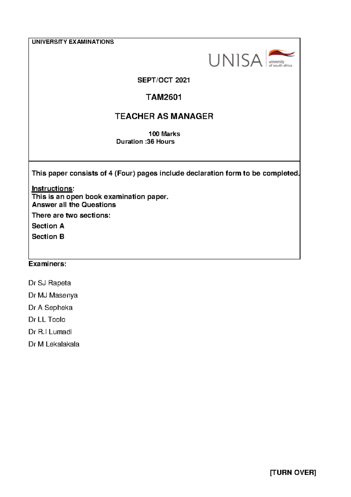 TAM2601 Exam Sep2021 - Exam - [TURN OVER] UNIVERSITY EXAMINATIONS SEPT ...