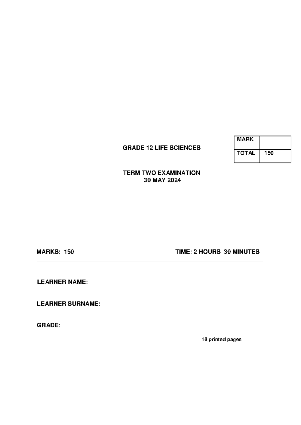 Grade 12 Life Sciences Term 2 Examination (Midyear) 2024 Guide - Studocu