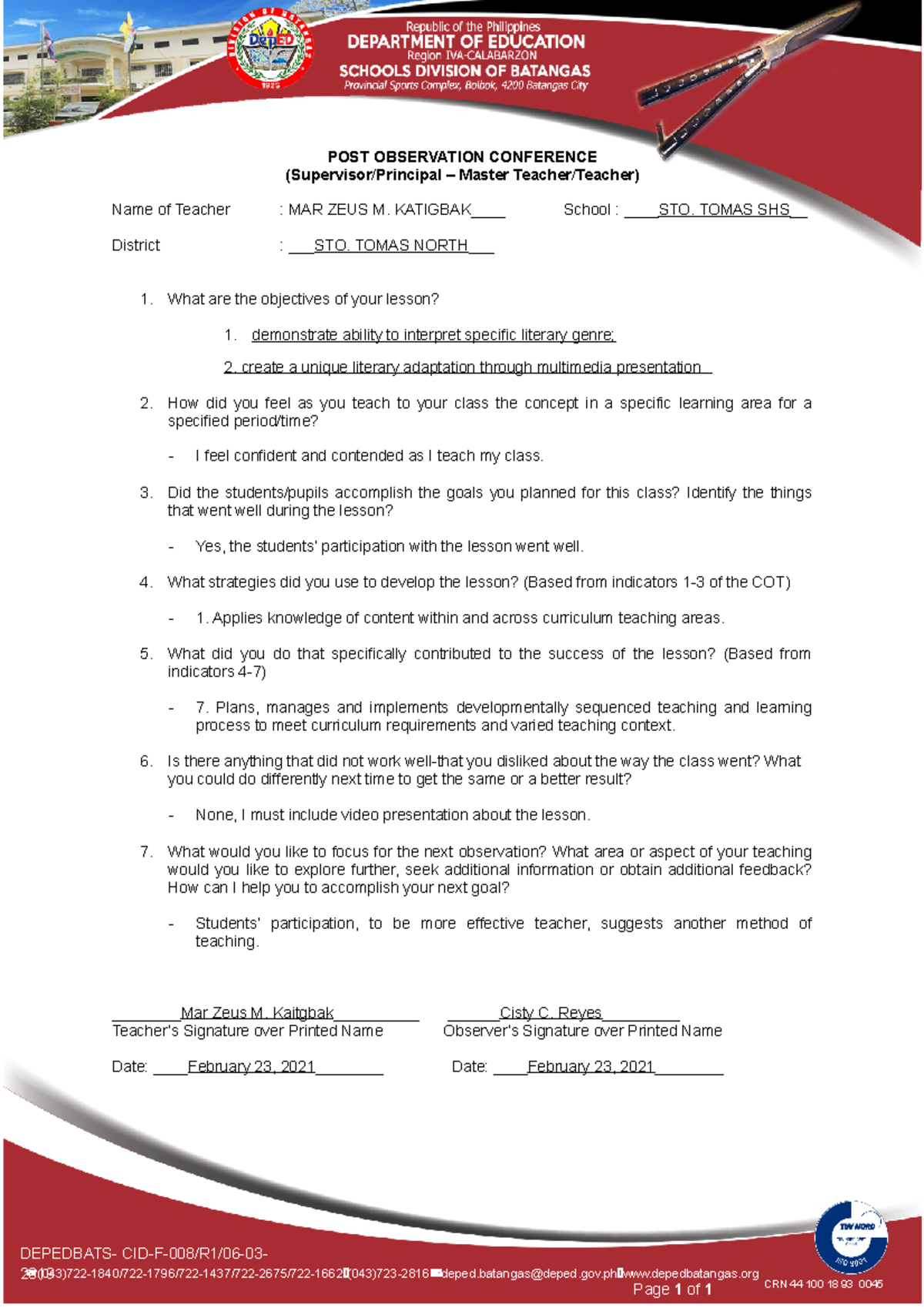 Post-Observation- Katigbak - POST OBSERVATION CONFERENCE (Supervisor ...