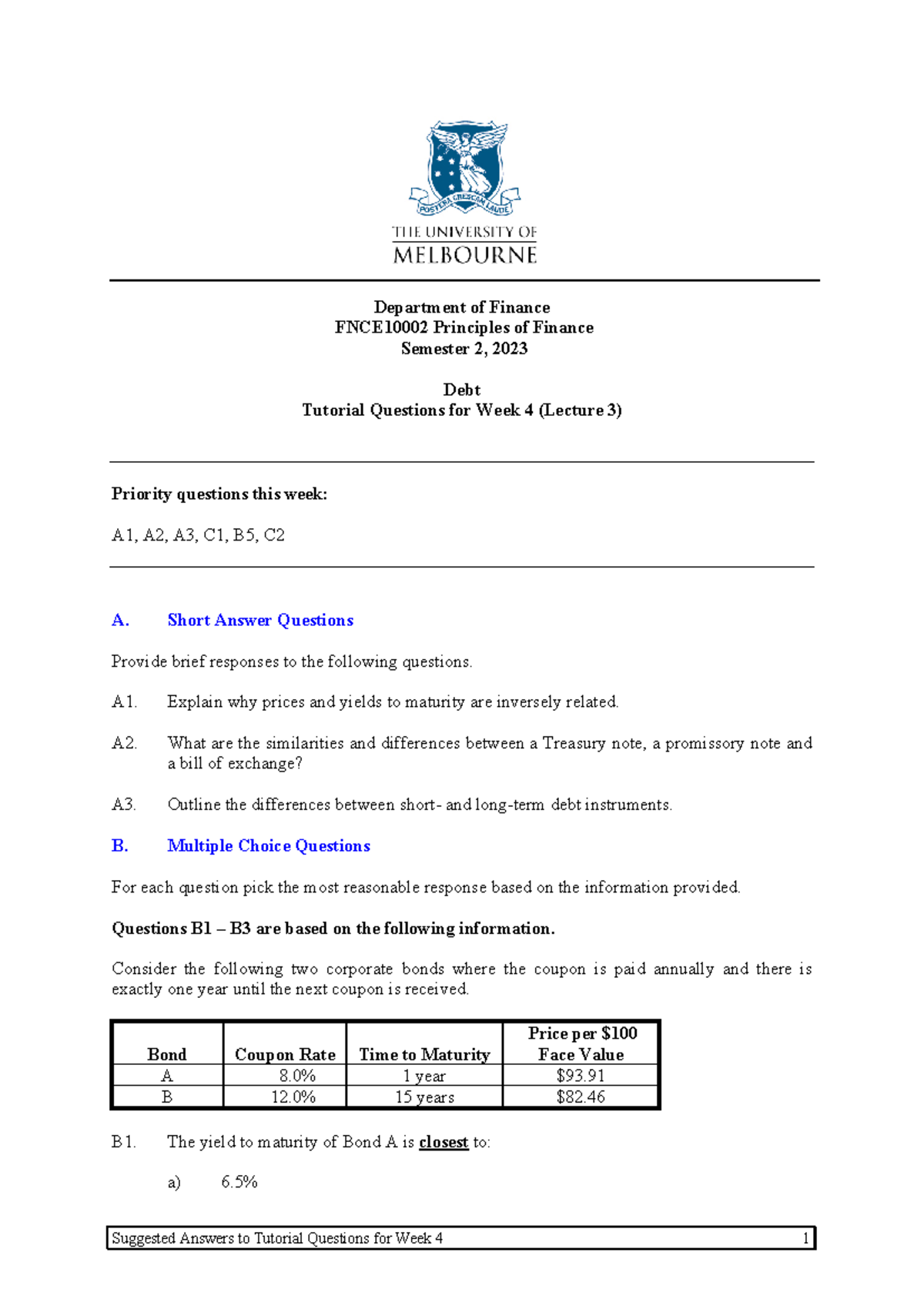 Tutorial 3 - Suggested Answers to Tutorial Questions for Week 4 1 Department of Finance ...