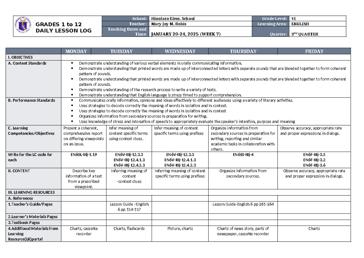 DLL English 6 Q3 W7: Daily Lesson Log and Objectives - Studocu