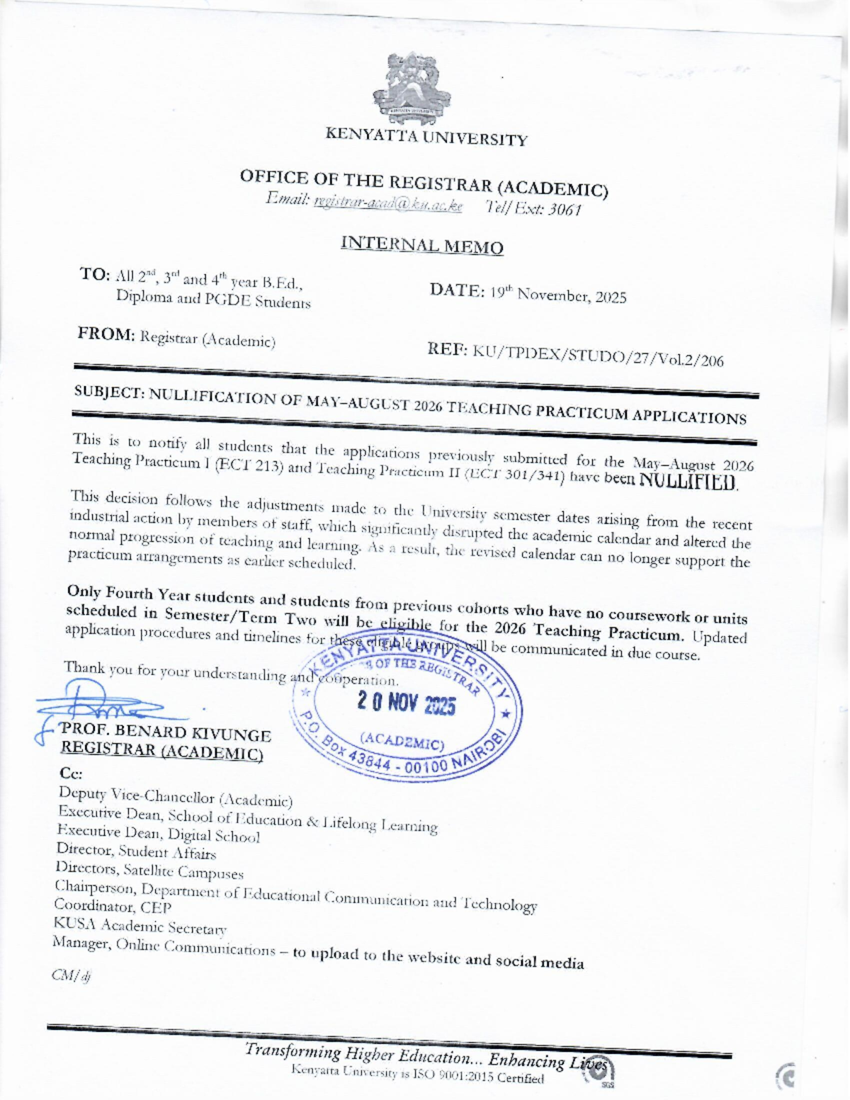 Nullification of 2026 Teaching Practicum Applications (ECT 341) - Studocu