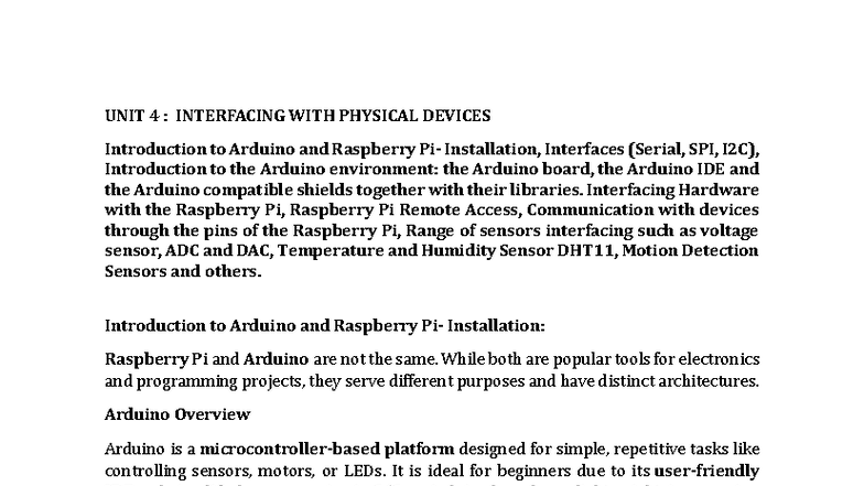 Unit 4 Notes: Interfacing Arduino & Raspberry Pi - BEC051 IoT - Studocu