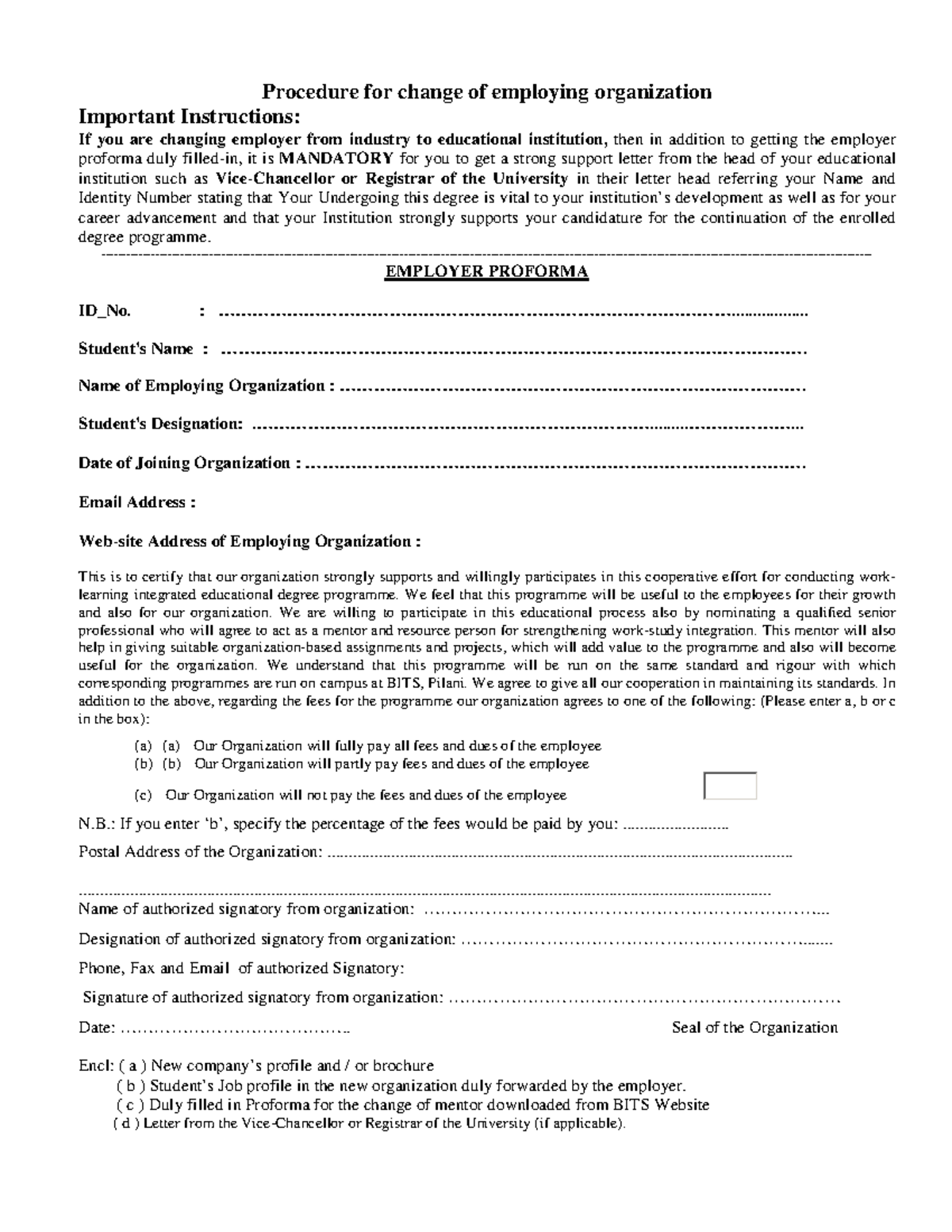 Procedure for Change of Employer: Important Instructions & Proforma ...