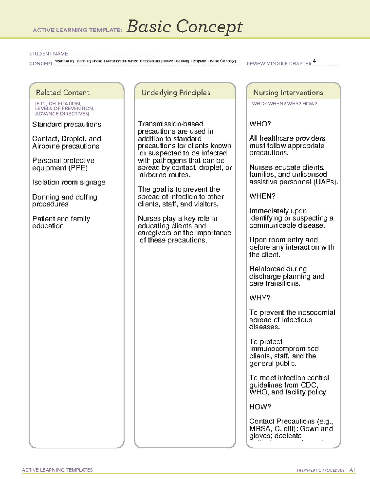 ACTIVE LEARNING TEMPLATE: Infection Control Precautions Overview - Studocu
