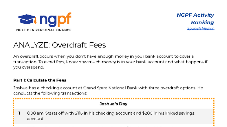 NGPF Activity: Analyzing Overdraft Fees (Spanish Version) - Studocu