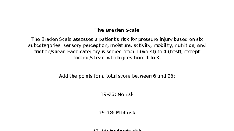 Braden Scale Scenarios for Nursing Assessment and Interventions - Studocu