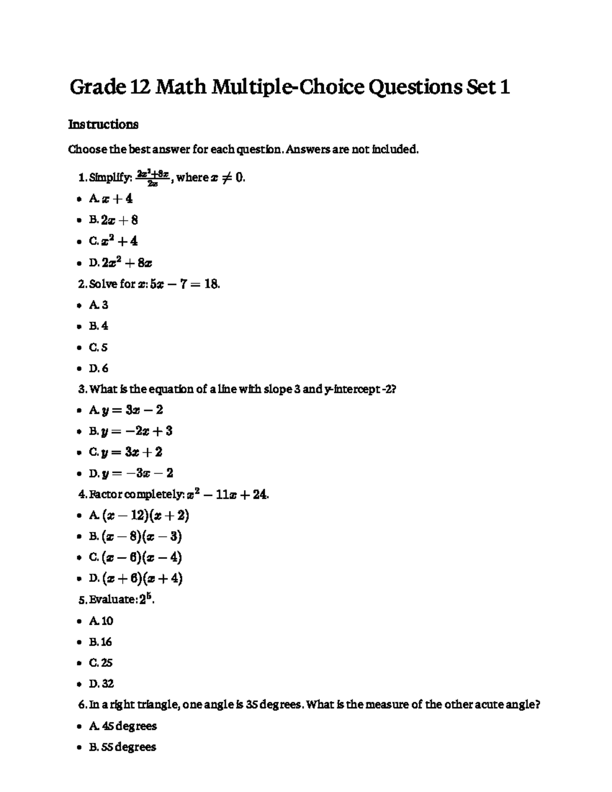 Grade 12 Math Quiz Set 1 - Practice Questions - Studocu