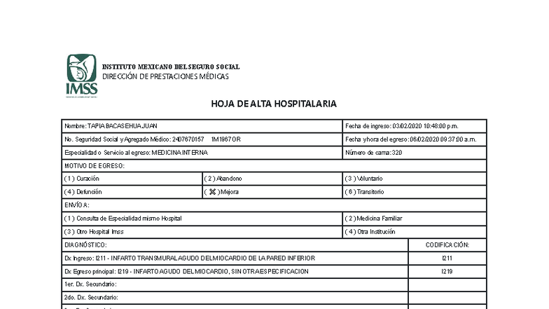 Hoja de Alta Hospitalaria - IMSS 1M1967OR - Tapia Bacasehua Juan - Studocu