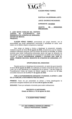 Demanda DE DIV Eliezer - ELIEZER PÉREZ TORREZ. VS EUSTOLIA VALDERRAMA ...