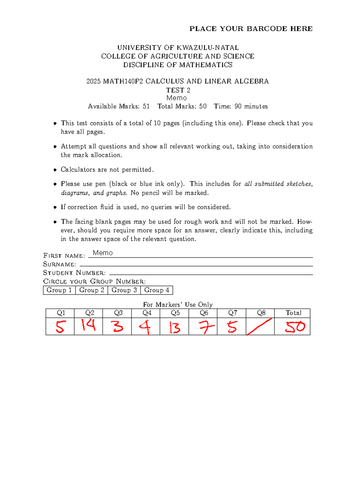 2025 MATH140 P2 Calculus & Linear Algebra Test 2 Memo - Studocu