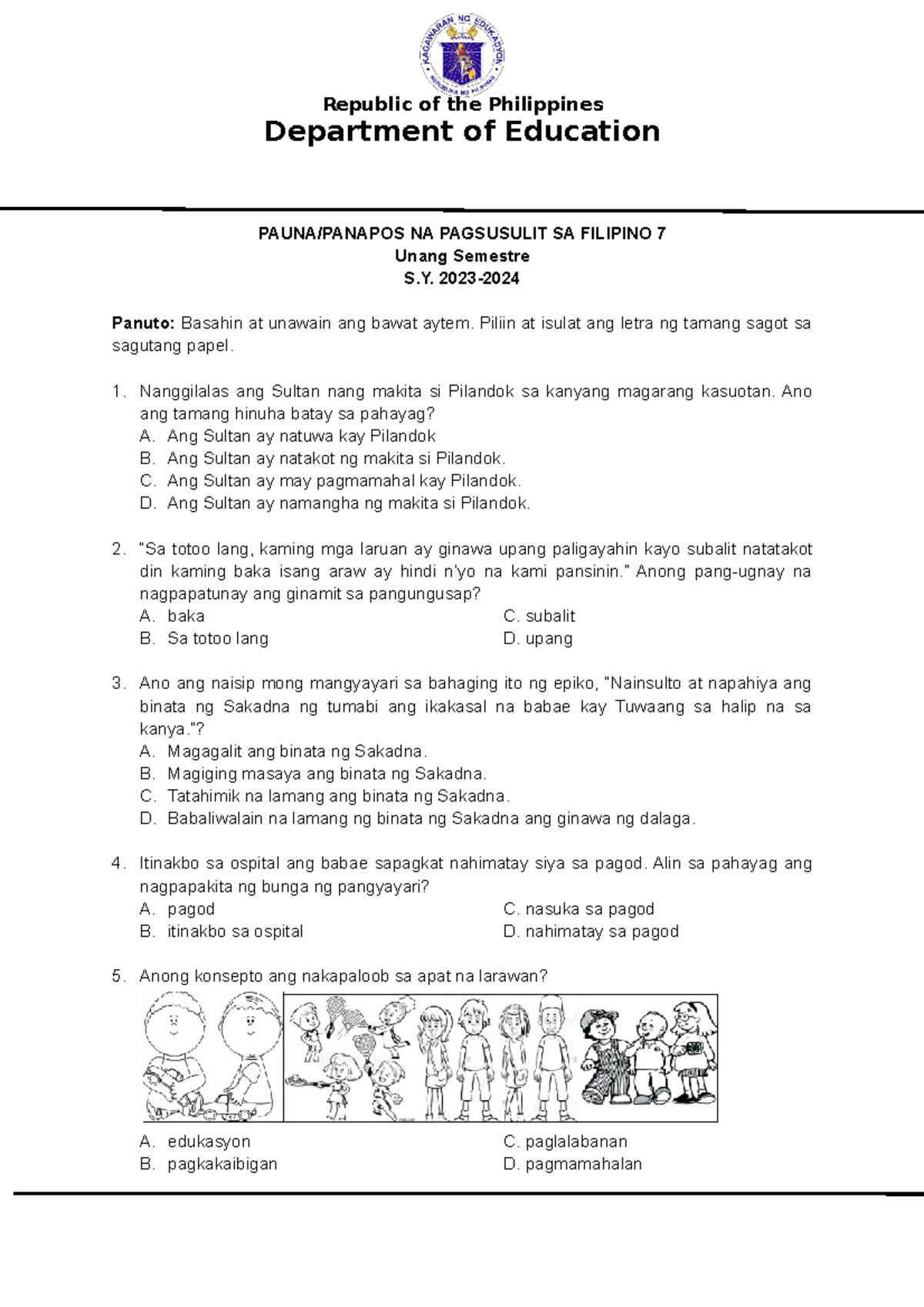 Pre-Post Test: Filipino 7 Q1 & Q2 Review Guide - Studocu