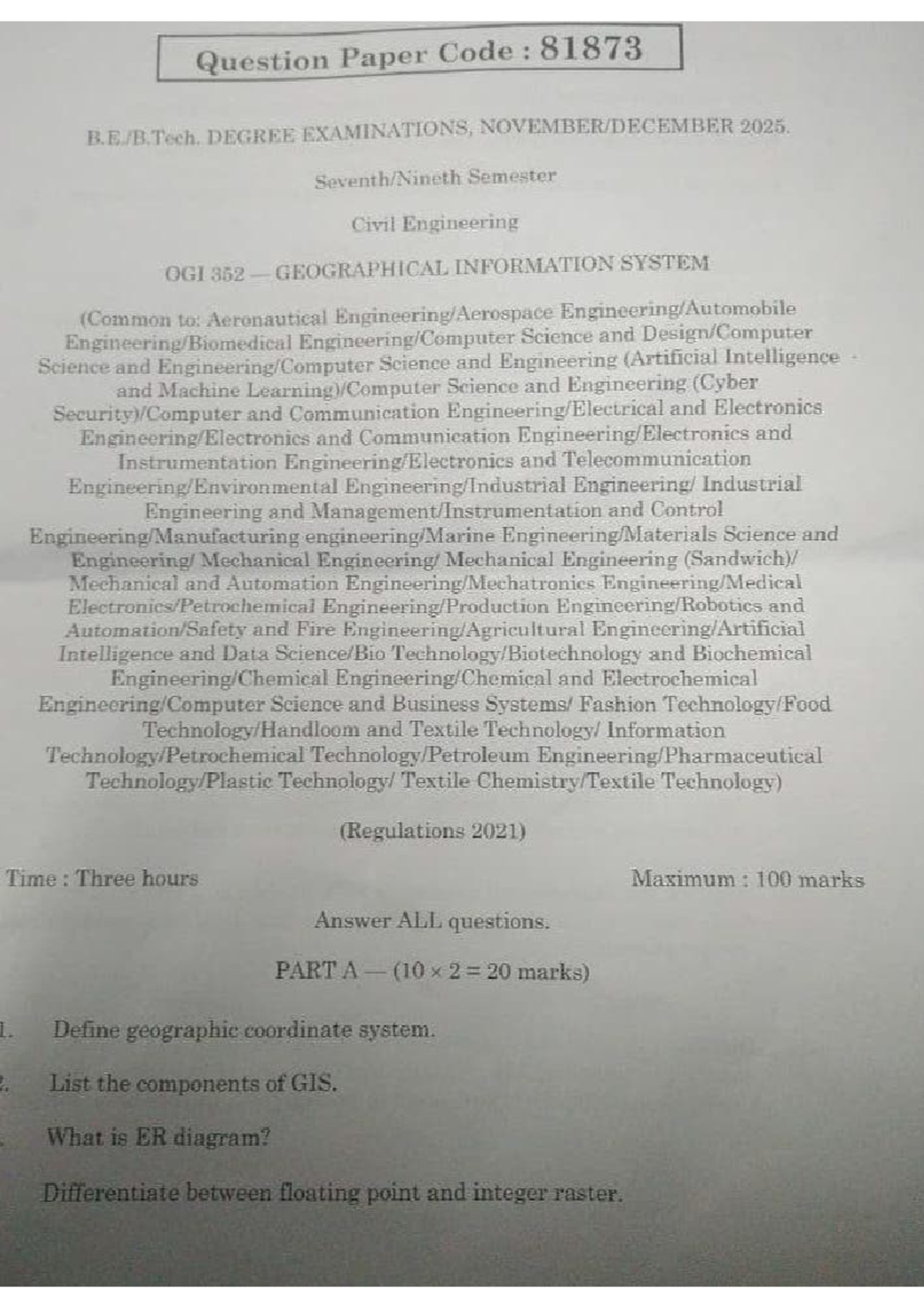 OGI 352 GIS Geographical Information System Nov-Dec 2025 Exam Paper ...