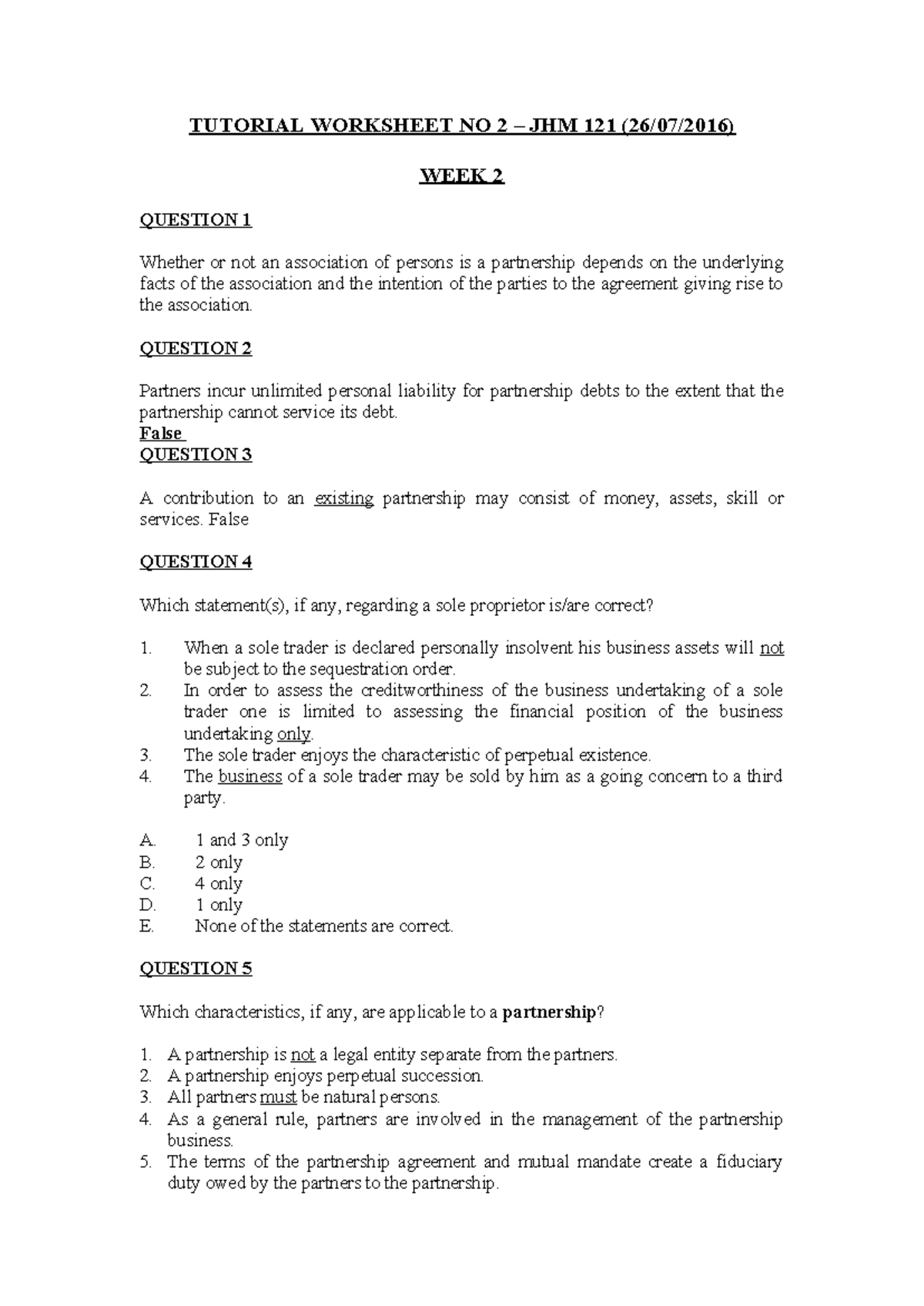 JHM121 - Tutorial Worksheet NO 2 (Week 2) - TUTORIAL WORKSHEET NO 2 ...