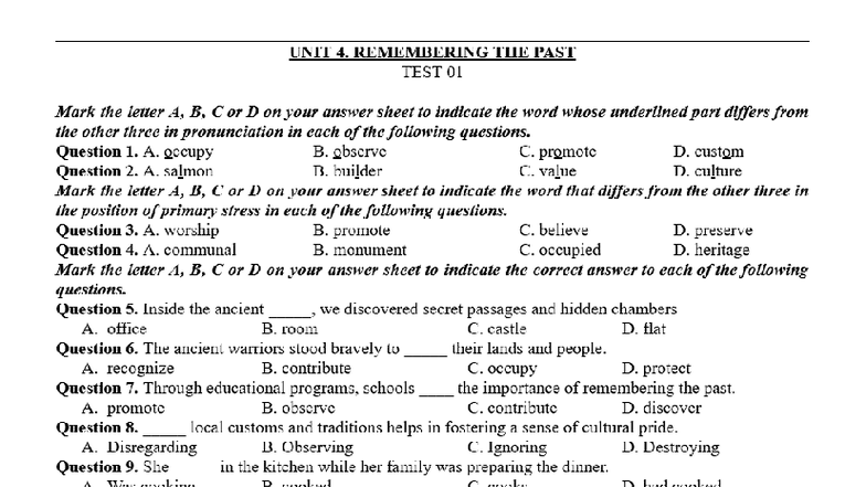 Unit 4 Test 1: Remembering the Past - G9 - Studocu