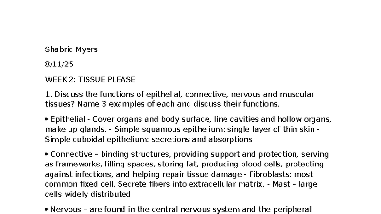 BIO 101: WEEK 2 - Functions and Types of Tissues Explained - Studocu