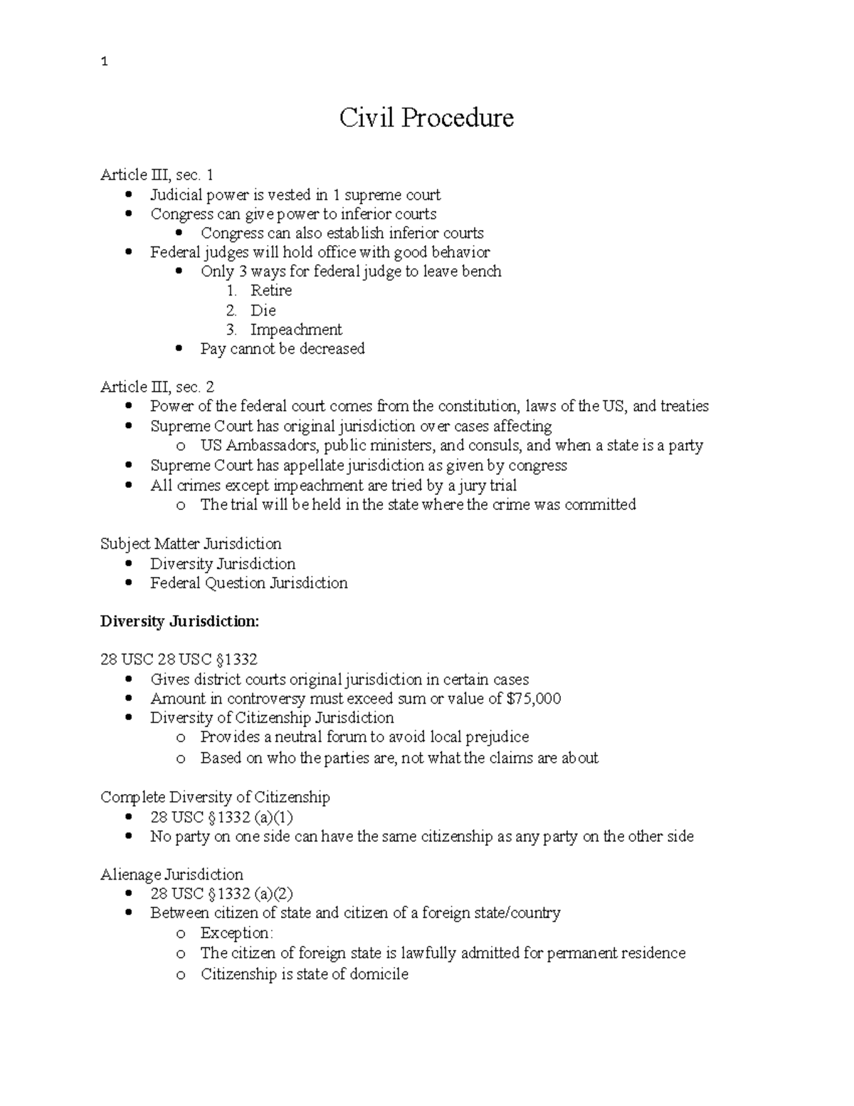 Civ Pro Outline: Key Concepts in Federal Jurisdiction and Procedure ...