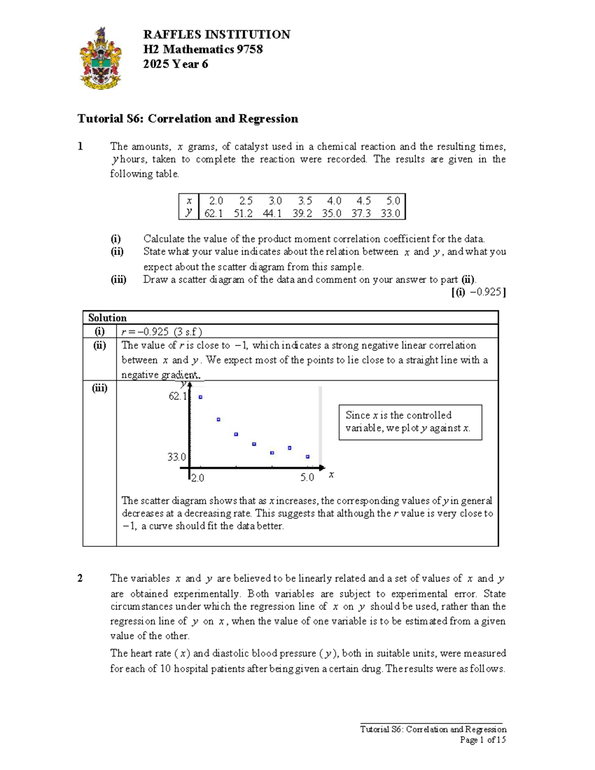 S6 Mathematics 9758 Correlation and Regression Tutorial Solutions - Studocu