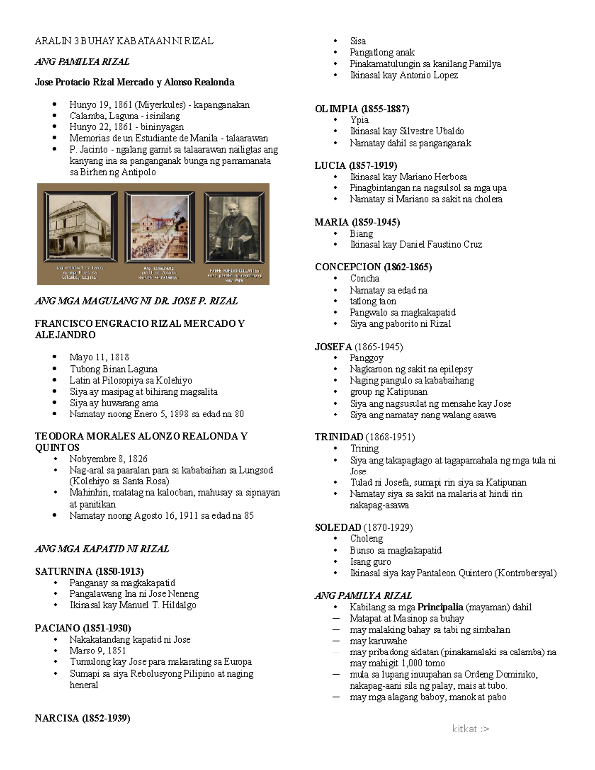 Aralin 3 at 4: Buhay at Pamilya ni Rizal - Studocu