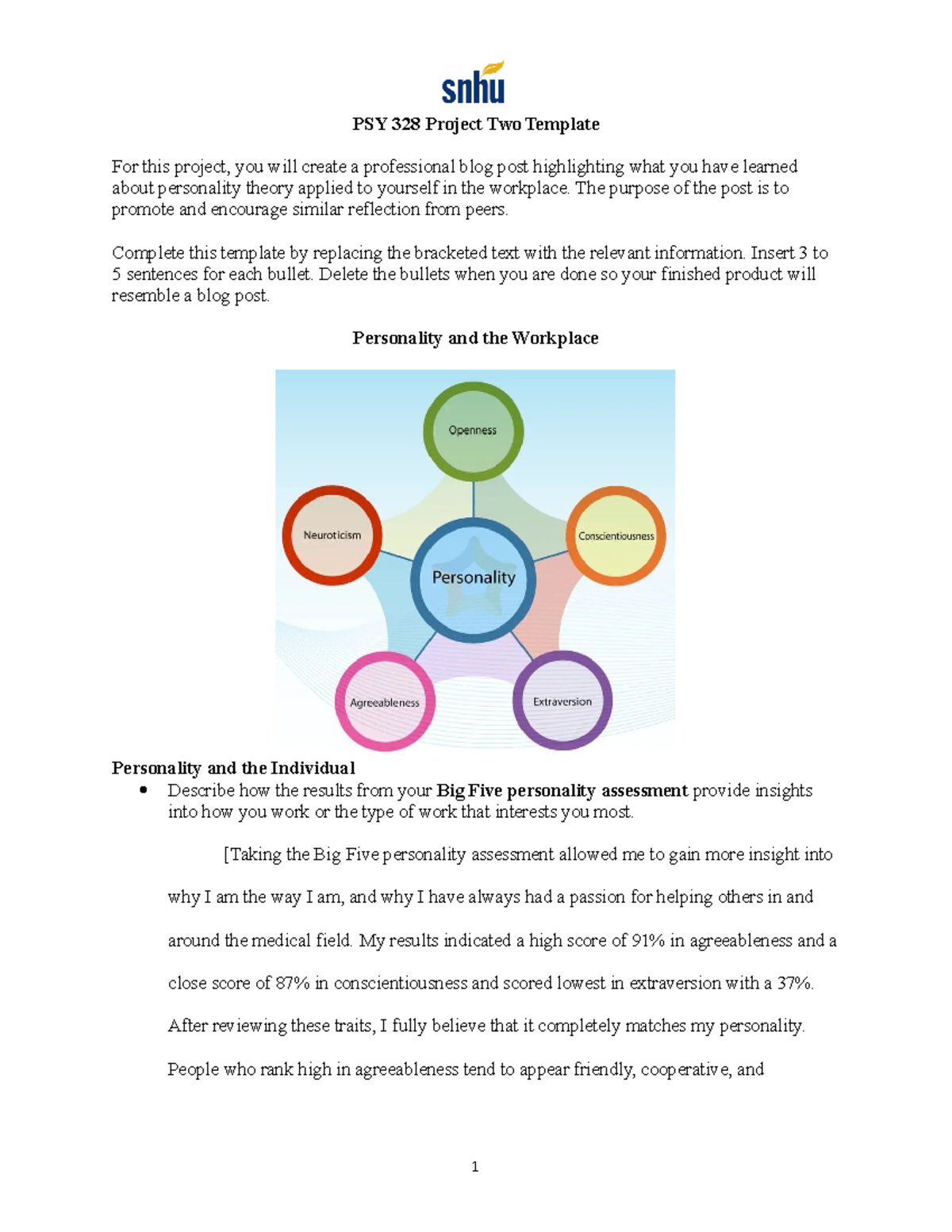 PSY 328 Project Two: Personality Theory Reflections in the Workplace - Studocu