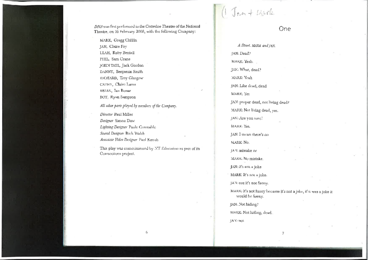 Act one, scene one Jan and Mark - (1 Jan Mark DNA was first performed ...