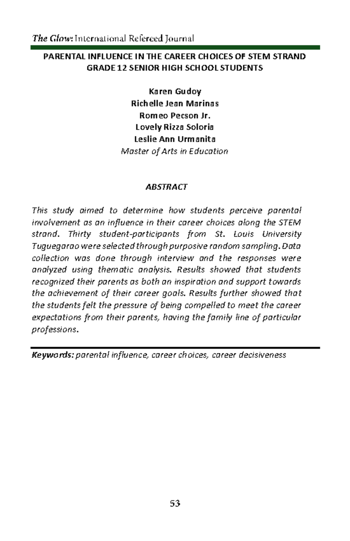Parental Influence on Career Choices of Grade 12 STEM Students - Studocu