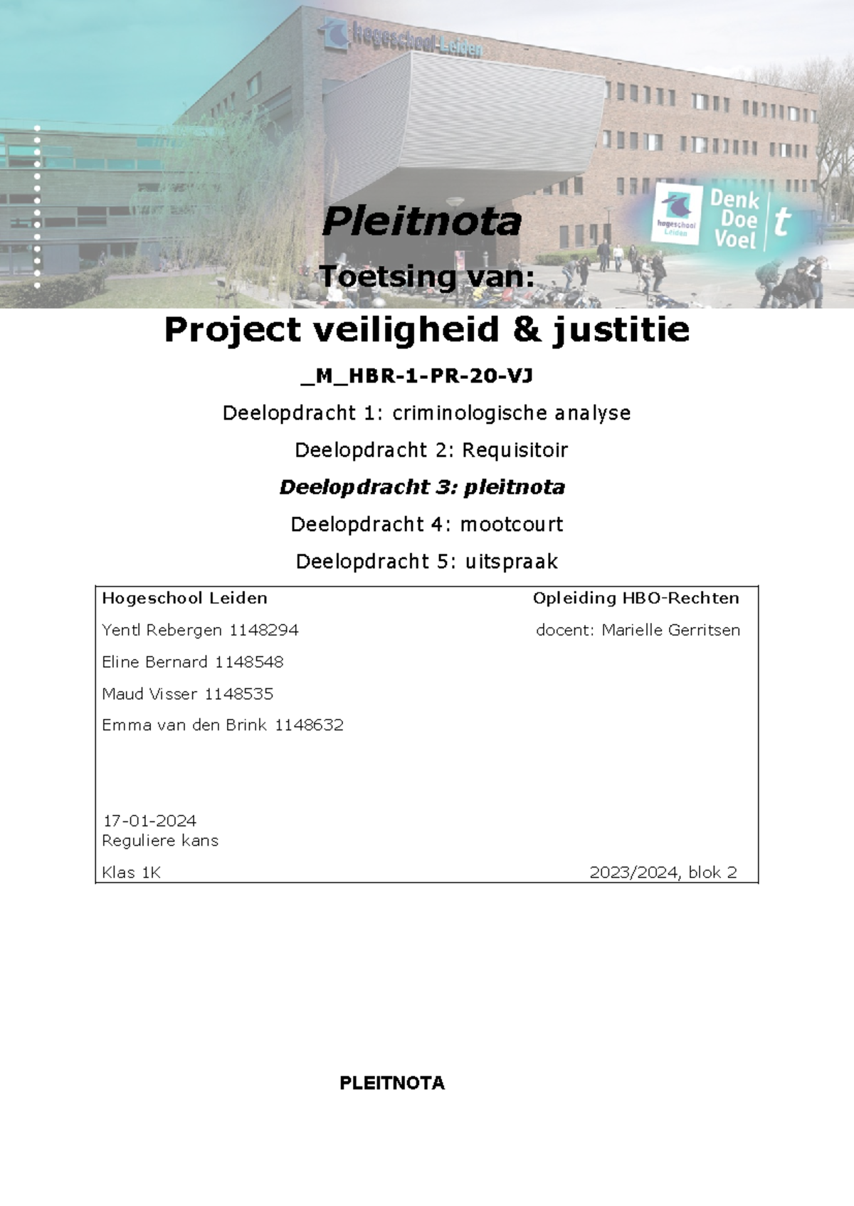 Pleitnota - Project Veiligheid & Justitie M_HBR-1-PR-20-VJ - Studeersnel