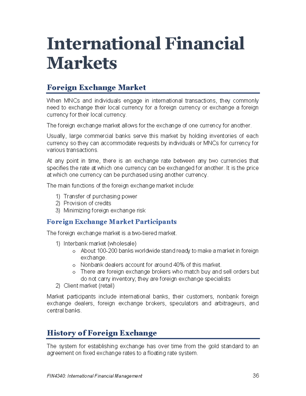FIN 4340 - Foreign Exchange Markets: Functions and Transactions - Studocu