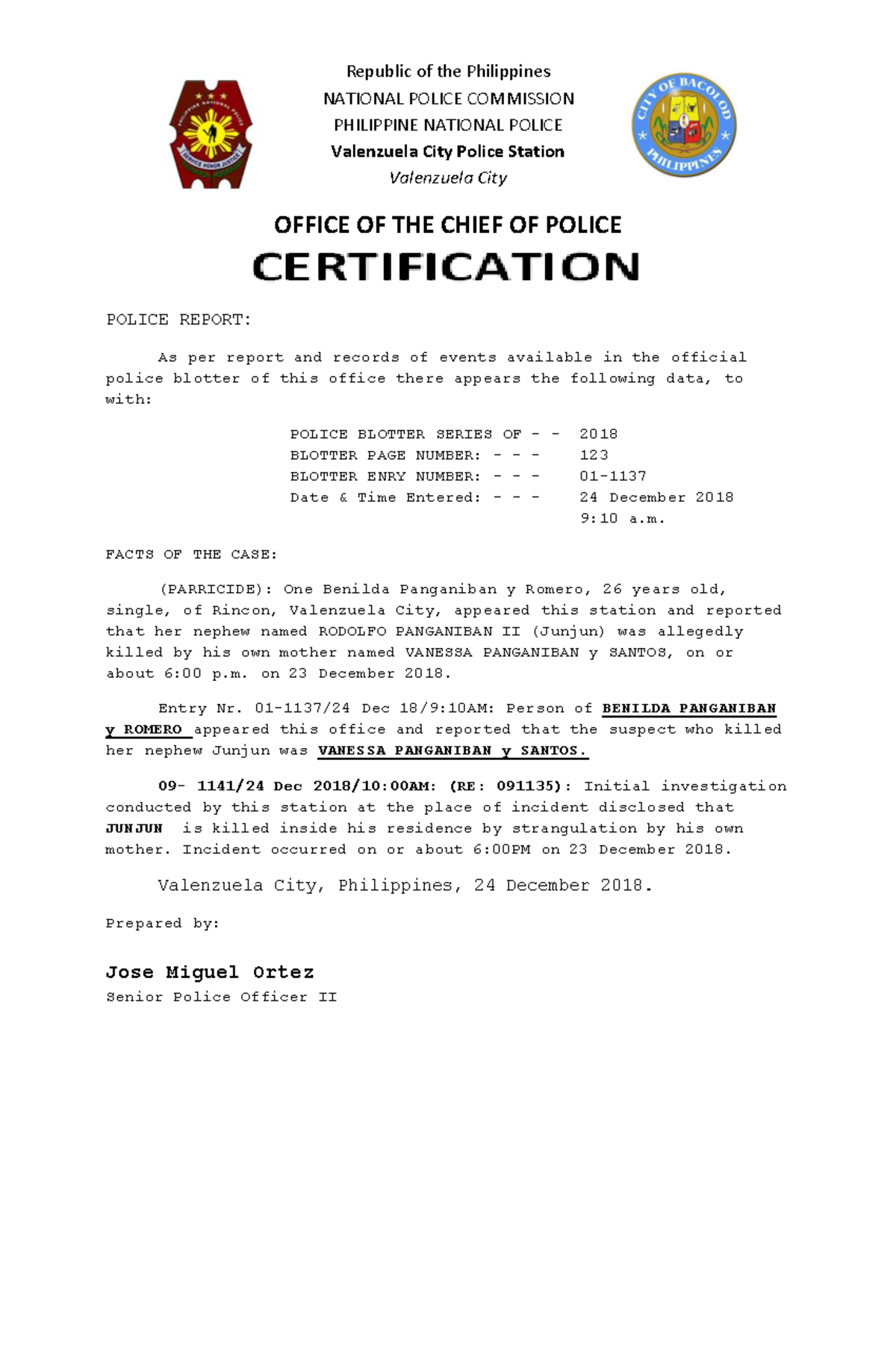 Pdfcoffee - sample - Republic of the Philippines NATIONAL POLICE ...