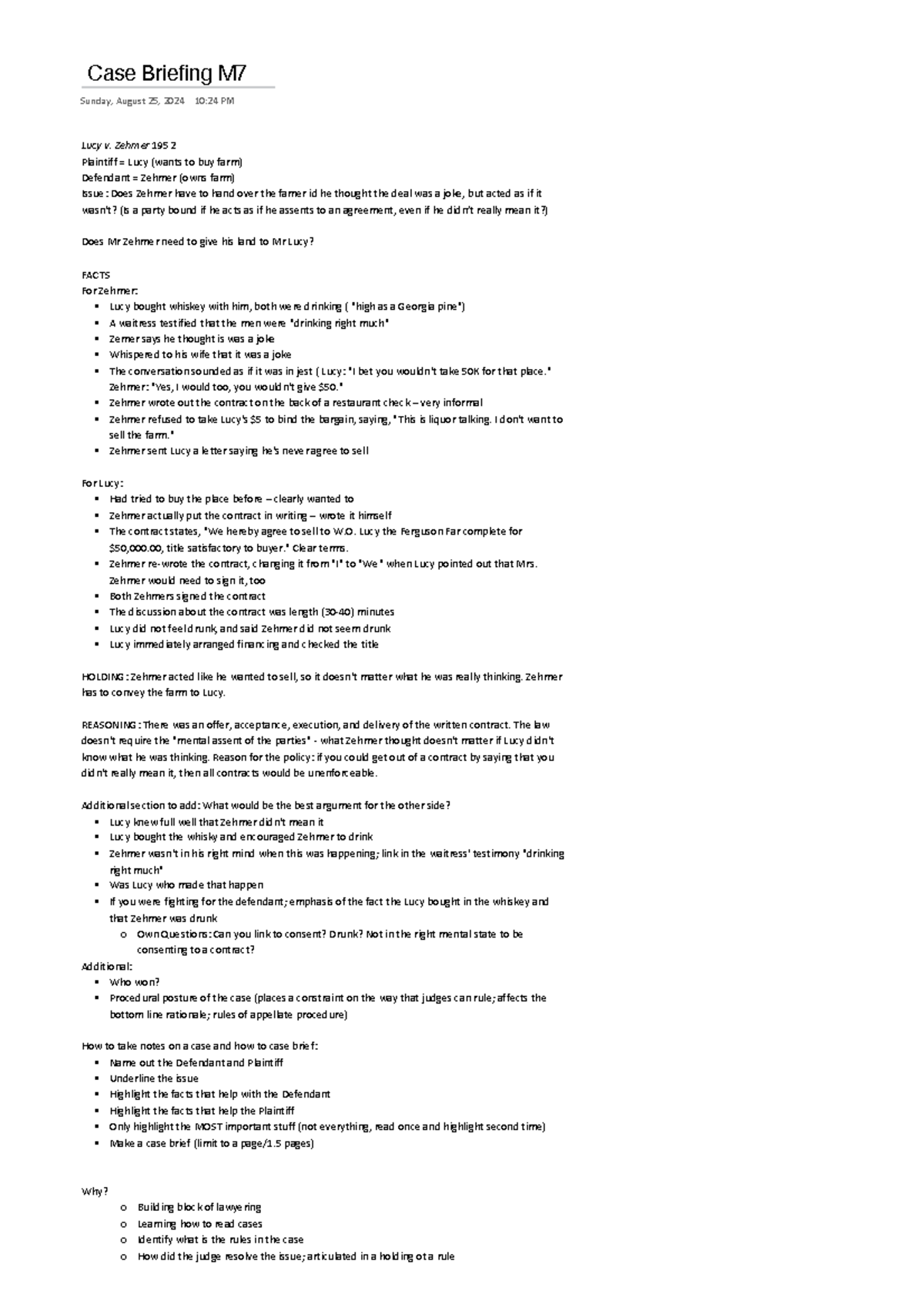 Case Briefing M7: Lucy v. Zehmer (1952) - Key Facts & Holdings - Studocu