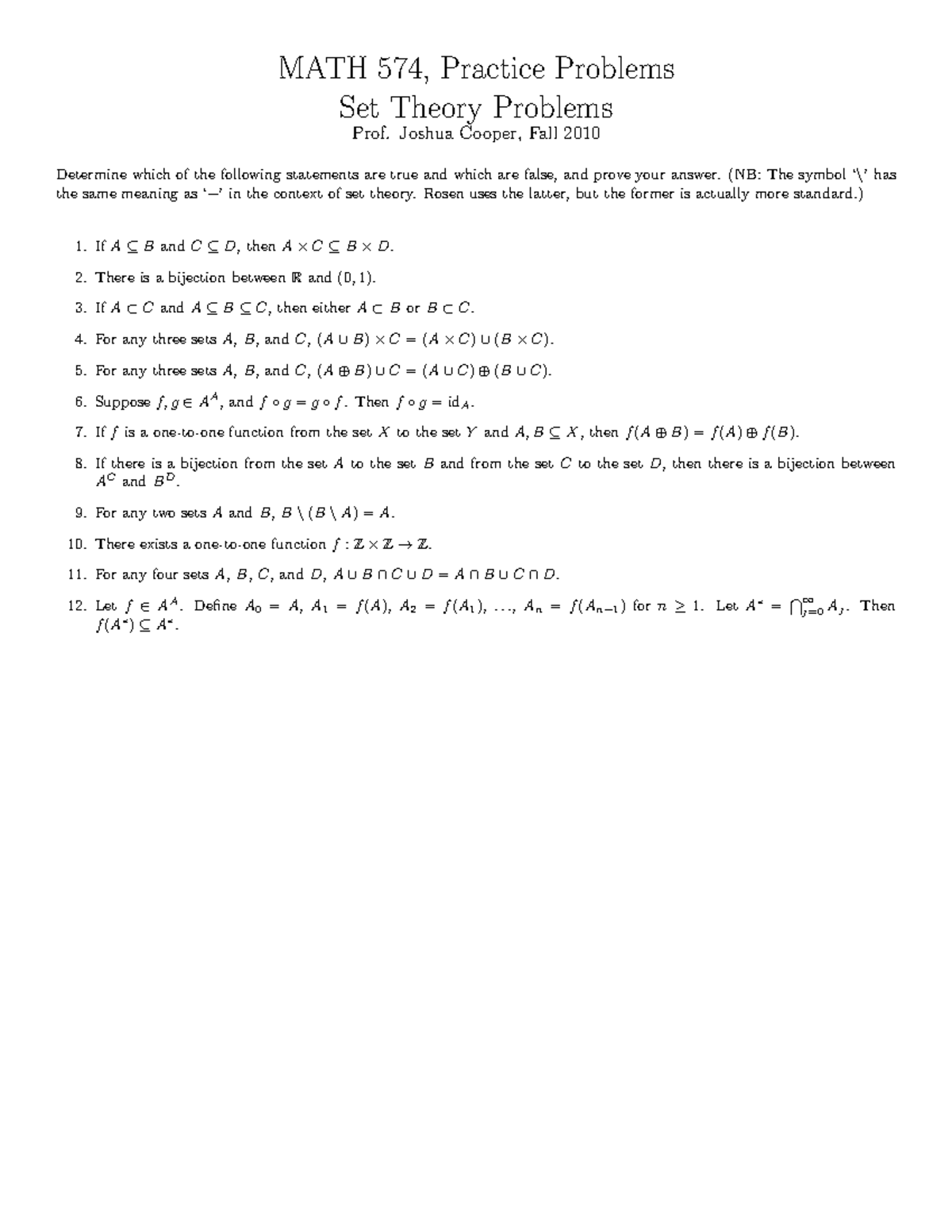 MATH 574, Set Theory Practice Problems Solutions, Fall 2010 - Studocu